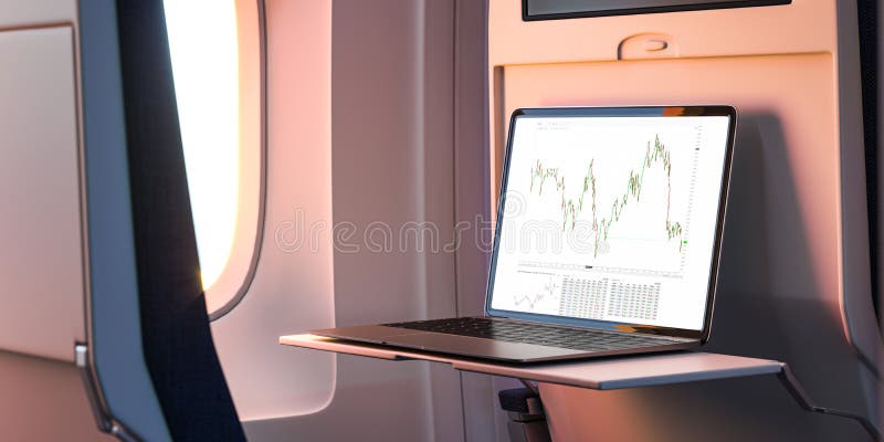 Modern Laptop with Graphics at Screen in Airplane Interior. Working ...