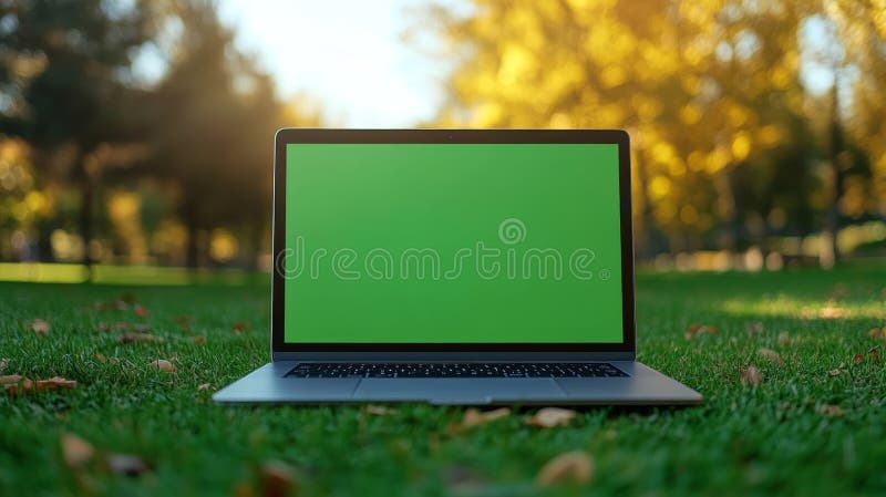 Modern Laptop on Green Grass with Customizable Green Screen, Ideal for ...