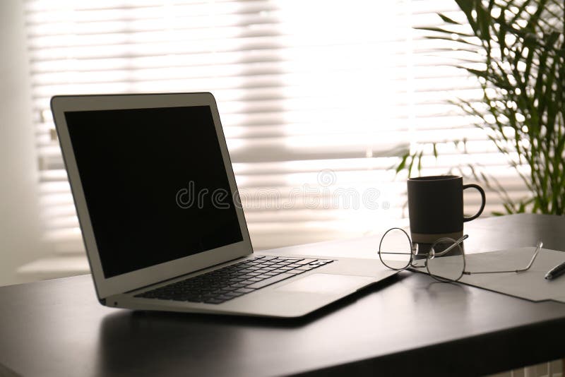 Laptop on Office Table. Stylish Workplace Stock Image - Image of ...