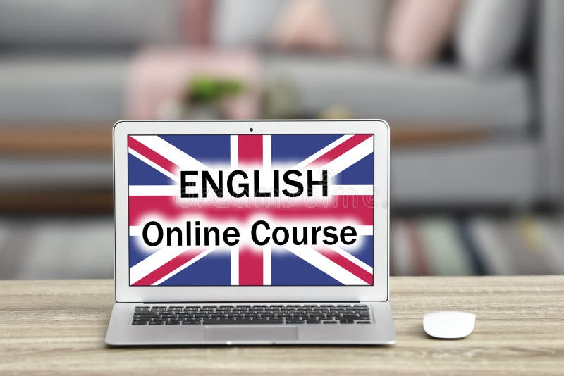 Modern Laptop for Online English Learning on Table Stock Photo - Image ...