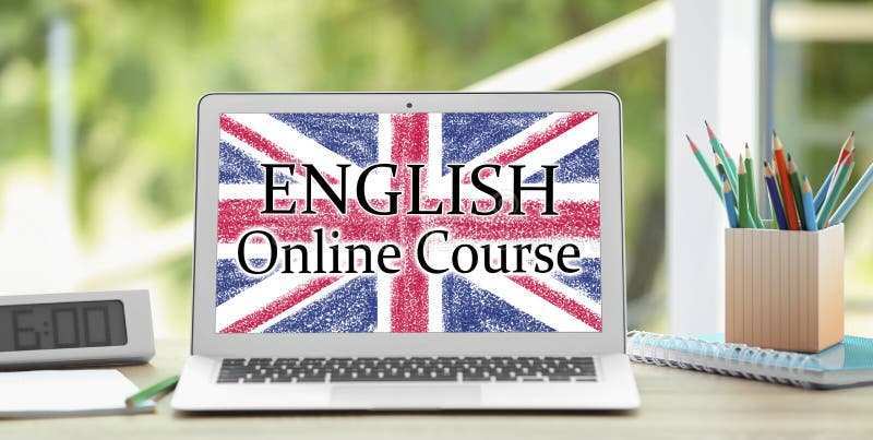 Laptop for Online English Learning on Table Indoors Stock Photo - Image ...
