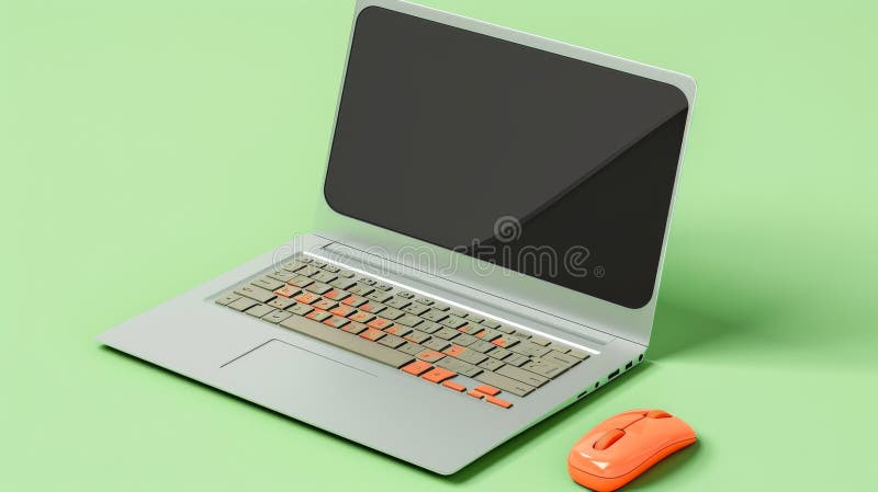 Modern Laptop with Orange Mouse on Light Green Background Stock Image ...