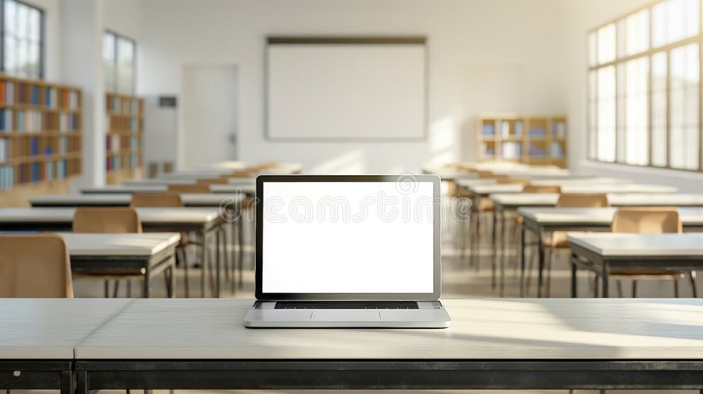 Modern Laptop on Desk in Empty Classroom with Bright Sunlight Streaming ...