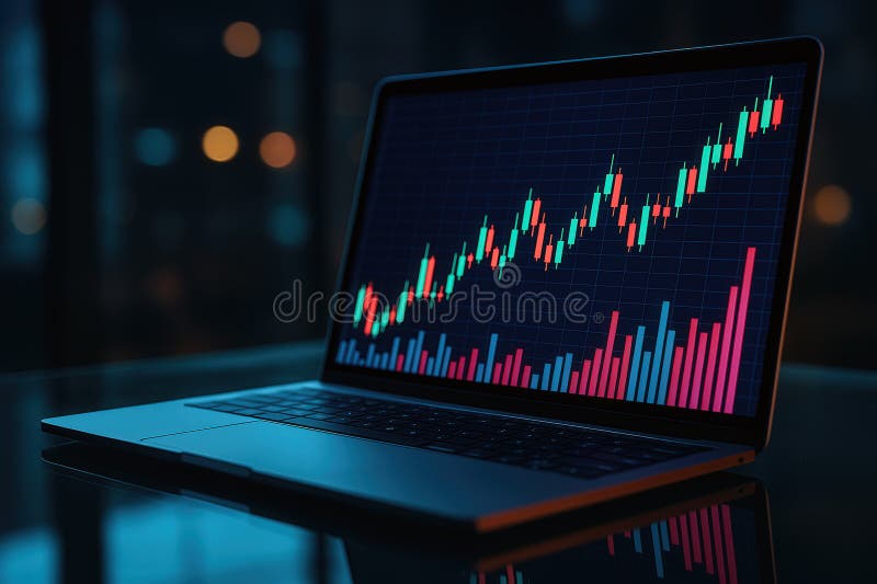 Modern Laptop Screen Showing a Glowing Bar and Line Chart with Upward ...