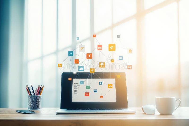 Modern Laptop Shows Digital Productivity Tools. Icons Representing ...