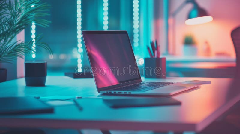 Modern Laptop Desk Stylish Office Neon Lighting Stock Photos - Free ...