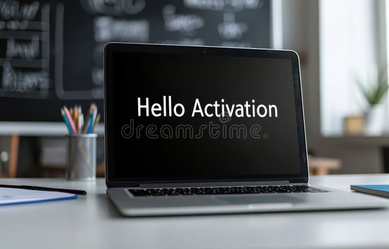 Laptop Displaying Hello Activation on a White Desk in Classroom ...