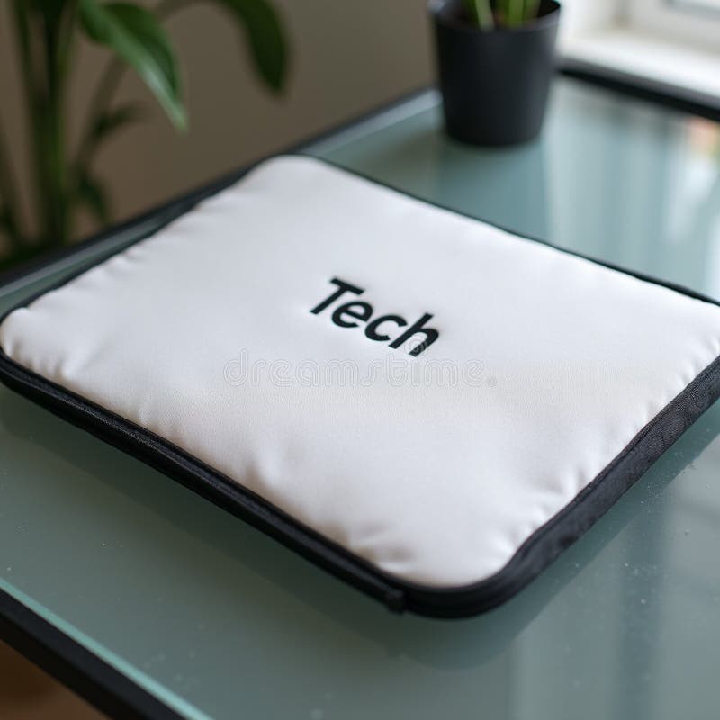 Modern Laptop Sleeve with Tech Text on Glass Desk Stock Illustration ...