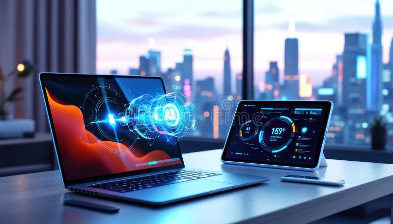 Modern Laptop Tablet Displaying Artificial Intelligence Interface Stock ...