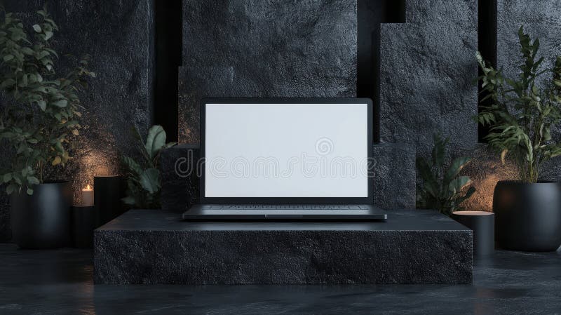 Modern Laptop on a Textured Pedestal with Subtle Lighting Elements ...