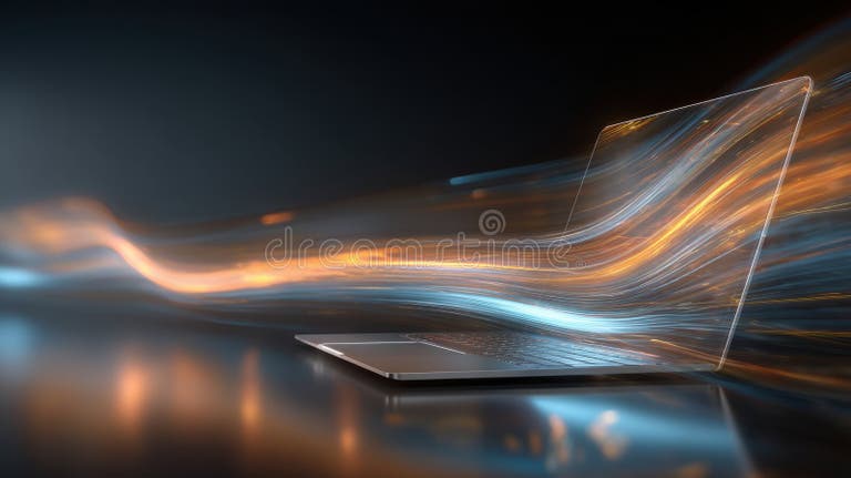 Modern Laptop Transferring Data with Light Trails Flowing from Screen ...