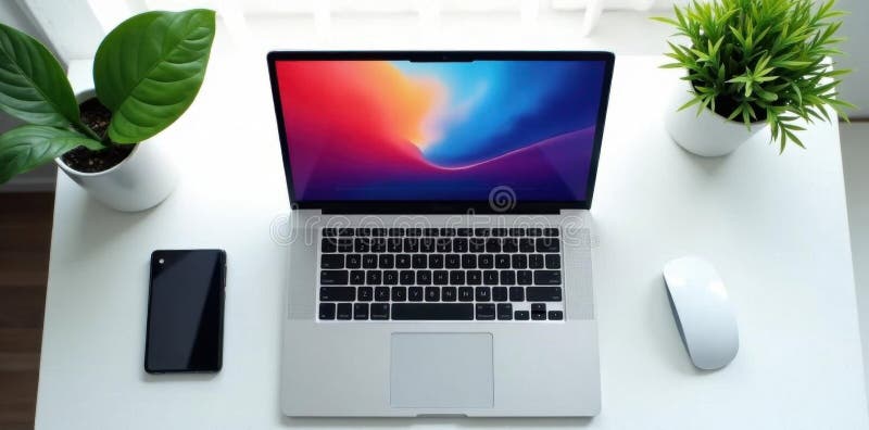 Modern Laptop on White Desktop, Top Down View, Abstract, Trend Stock ...