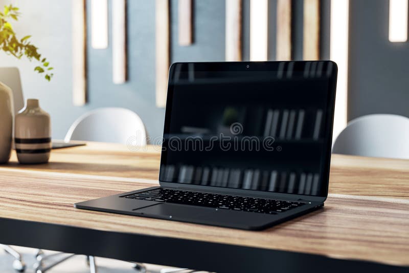A Modern Laptop on a Wooden Desk, Interior Office Setting, Smooth and ...