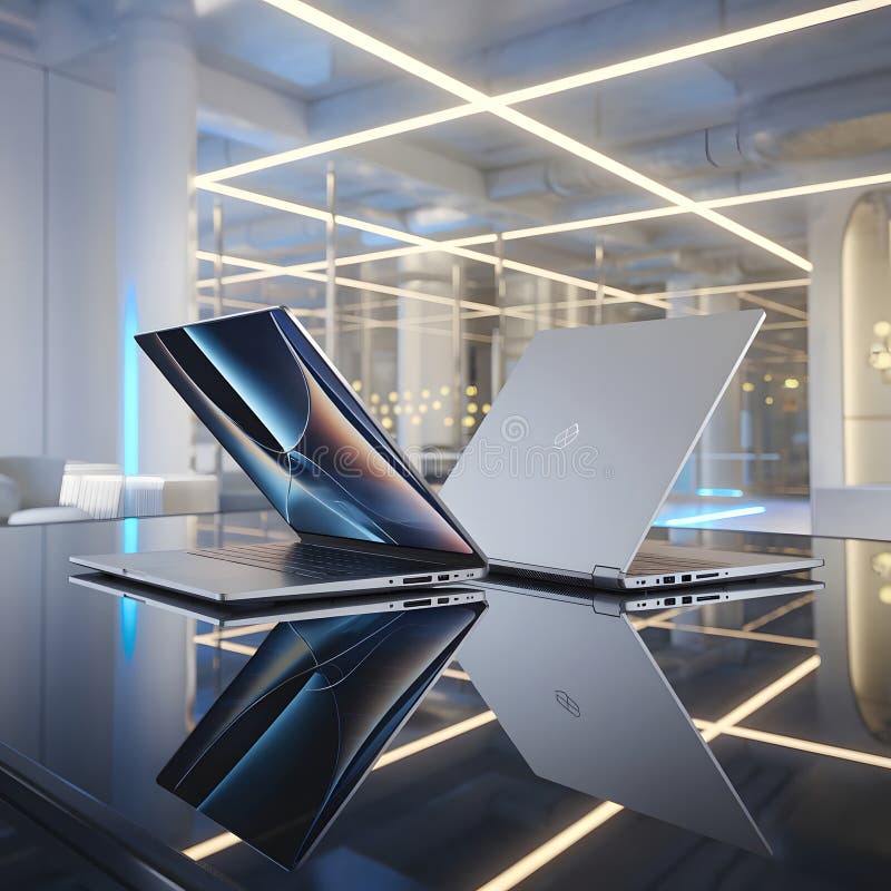 Modern Laptops Displayed in Stylish Reflective Office Interior with ...
