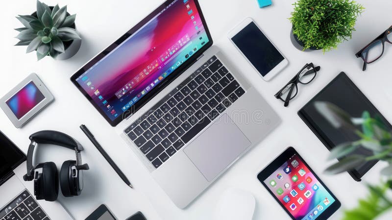 Modern Laptops and Tablets on a White Desk, Displaying Colorful Apps ...