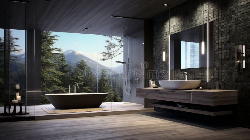 Modern Large Bathroom Using Natural Materials with Panoramic Windows Stock Illustration ...