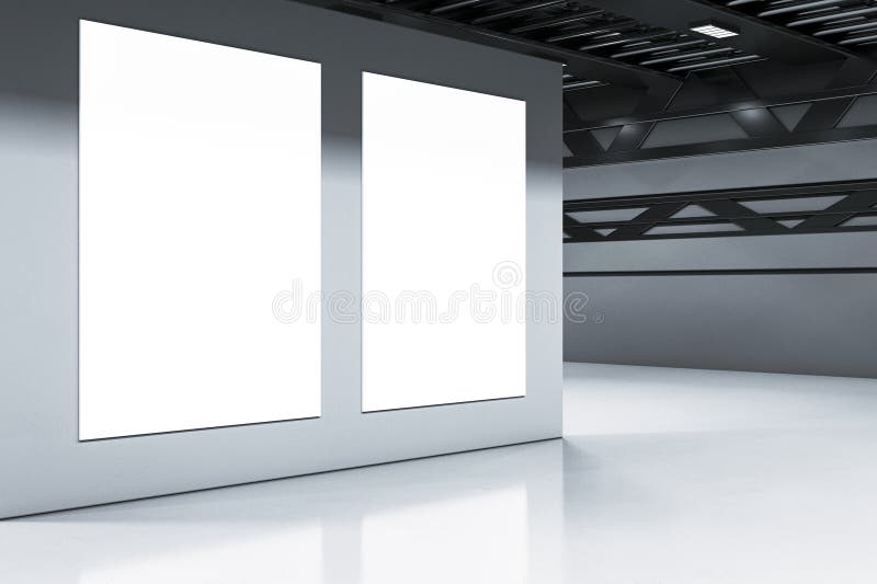 Modern Large Empty Industrial Space with Two Vertical Display Panels ...