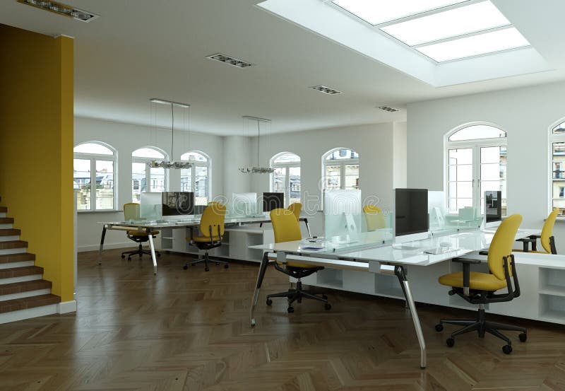 Modern Yellow Office Interior Design 3d Rendering Stock Illustration ...