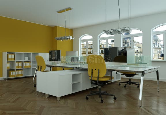 Modern Yellow Office Interior Design 3d Rendering Stock Illustration ...