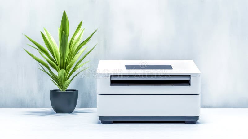Modern Laser Printer Standing on Desk with Plant in Office Setting ...