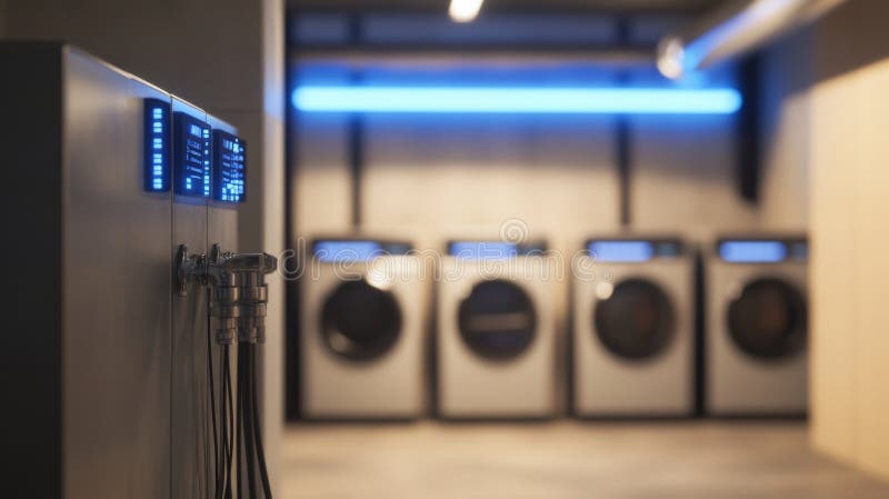 Modern Laundromat with High-tech Washing Machines and Digital Displays ...