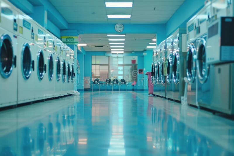 A Row of Front-loading Washing Machines Lines the Interior of a Clean ...