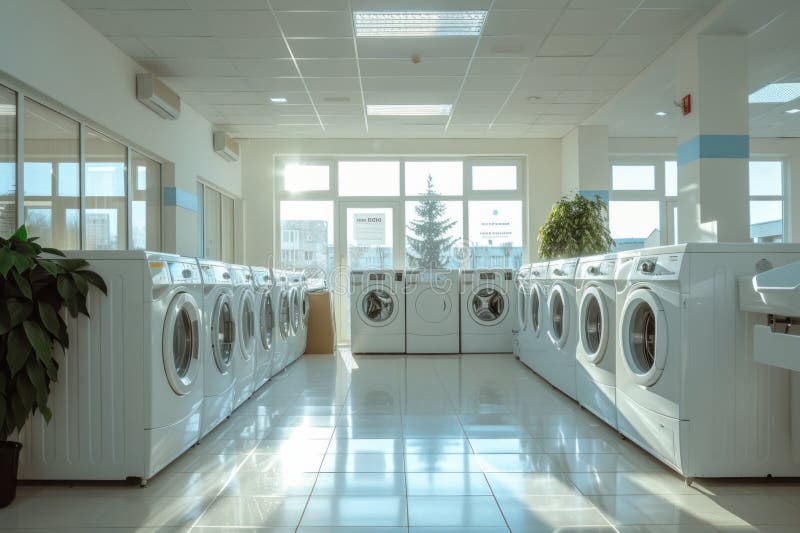 A Row of Front-loading Washing Machines Lines the Interior of a Clean ...