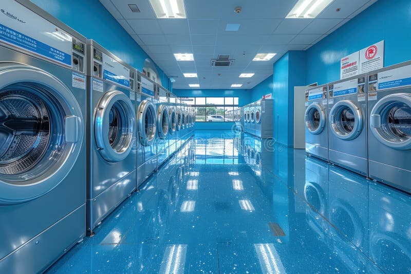 A Row of Front-loading Washing Machines Lines the Interior of a Clean ...