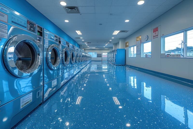 A Row of Front-loading Washing Machines Lines the Interior of a Clean ...
