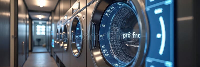 Modern Laundromat Interior with Stainless Steel Washing Machines in ...