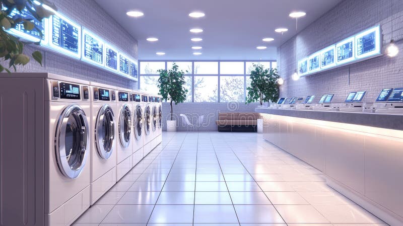 Modern Laundromat Interior with Washing Machines in Bright Lighting and ...