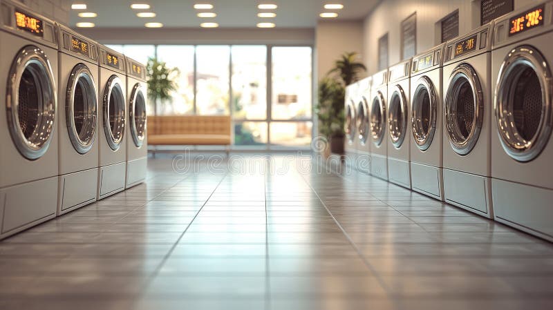 Modern Laundromat with Rows of Washing Machines in Bright Facility with ...