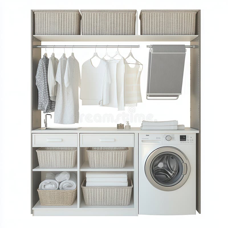 A Modern Laundry Area Featuring Baskets, Hanging Clothes, and a Washing ...