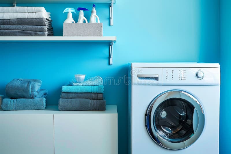 Modern Laundry Room with Advanced Washing Machine and Stylish Shelving ...