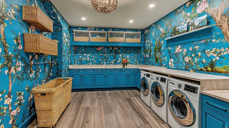 Modern Laundry Room Design with Floral Wallpaper Stock Illustration ...