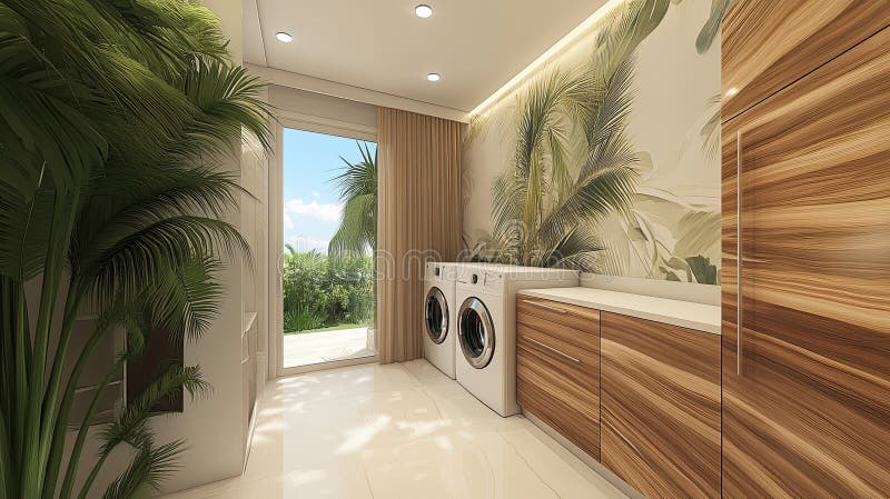 Modern Laundry Room Design with Tropical Wallpaper Stock Illustration ...