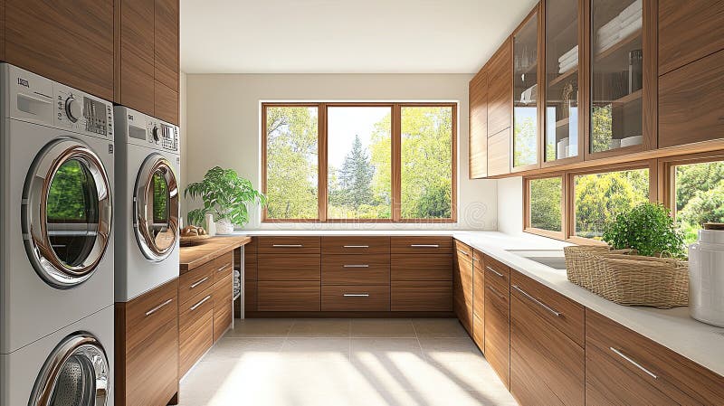 Modern Laundry Room Design with Wood Cabinets Stock Illustration ...