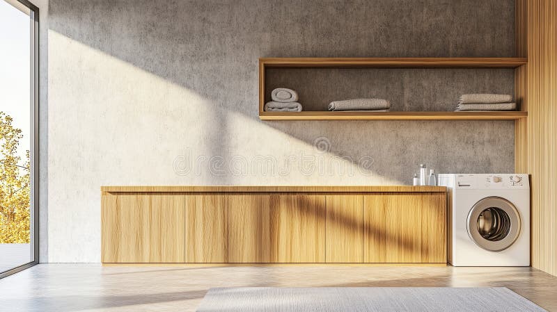 Modern Laundry Room Design with Wooden Cabinets and Washer Stock ...
