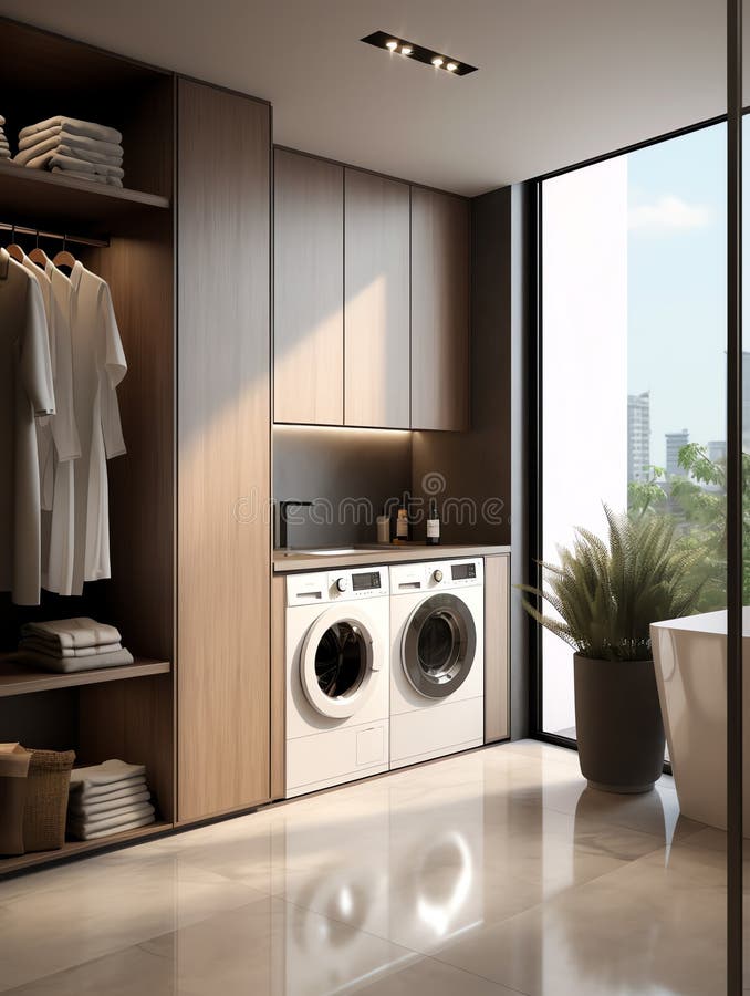 Modern Laundry Room Featuring a Built in Wardrobe for Storing Clean ...