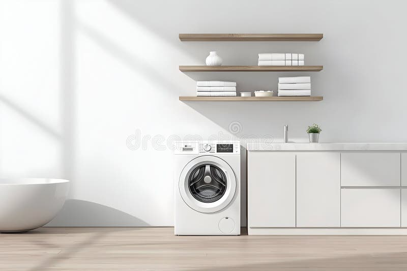 Modern Laundry Room Washing Machine Clean White Wall Background Stock ...