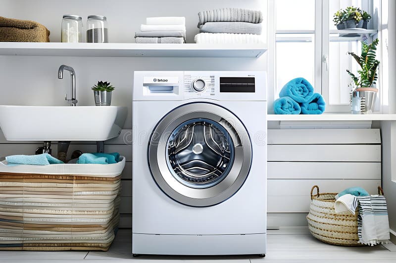 Modern Laundry Room Washing Machine Clean White Wall Background Stock ...