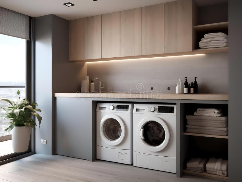 Modern Laundry Room with Washer, Dryer, Cabinets, and Countertop Stock ...