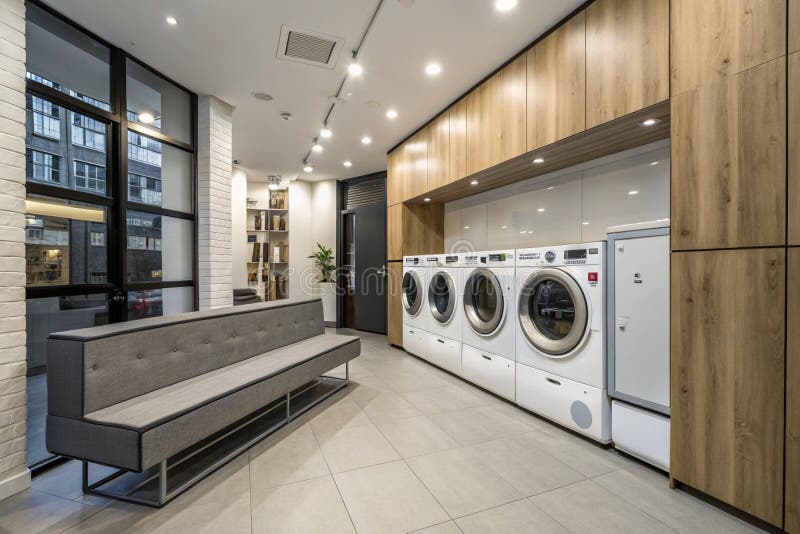 Modern Laundry Room with Washing Machines and Grey Bench Stock ...