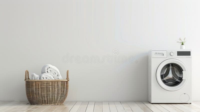 A Modern Laundry Room with a Front-loading Washing Machine and Neatly ...