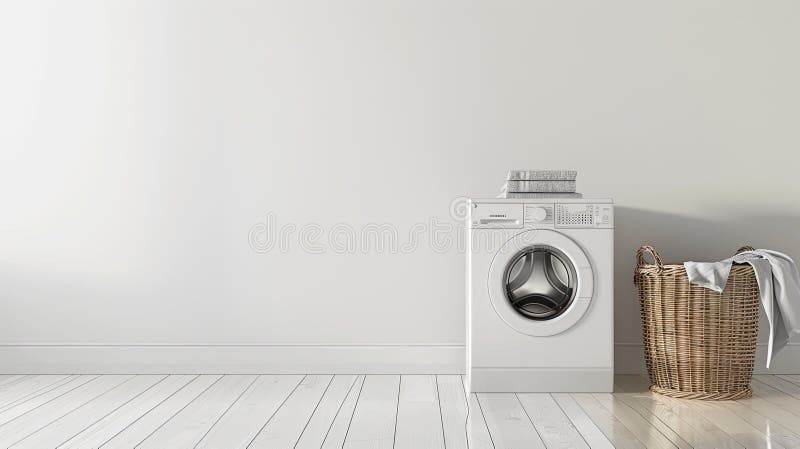 A Modern Laundry Room with a Front-loading Washing Machine and Neatly ...