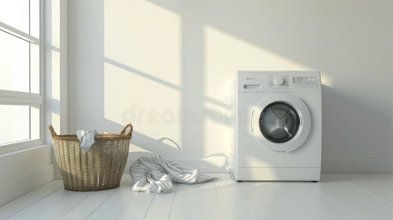 A Modern Laundry Room with a Front-loading Washing Machine and Neatly ...