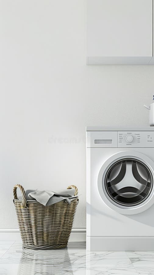 A Modern Laundry Room with a Front-loading Washing Machine and Neatly ...