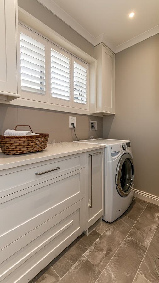 A Modern Laundry Room with a Front-loading Washing Machine and Neatly ...