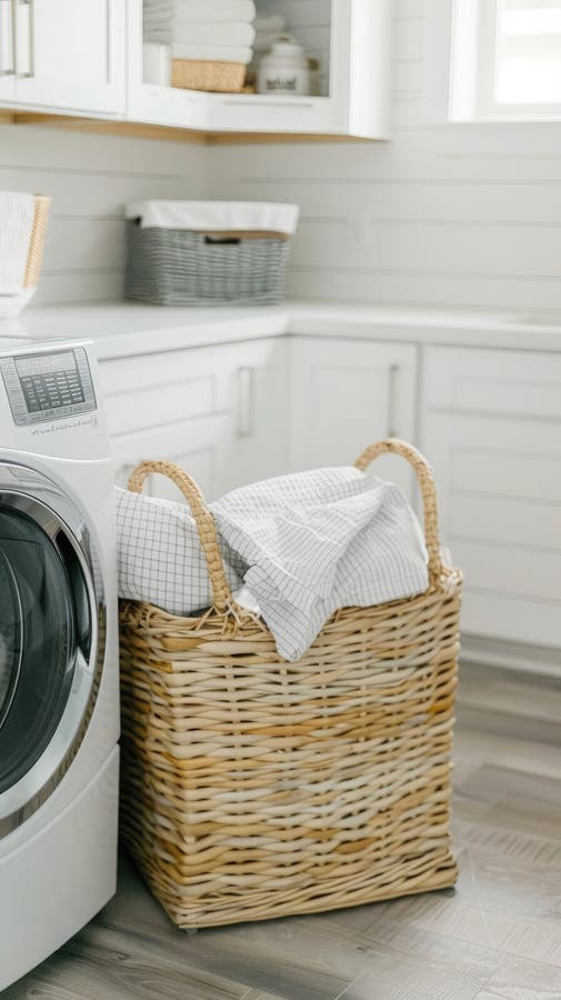 A Modern Laundry Room with a Front-loading Washing Machine and Neatly ...