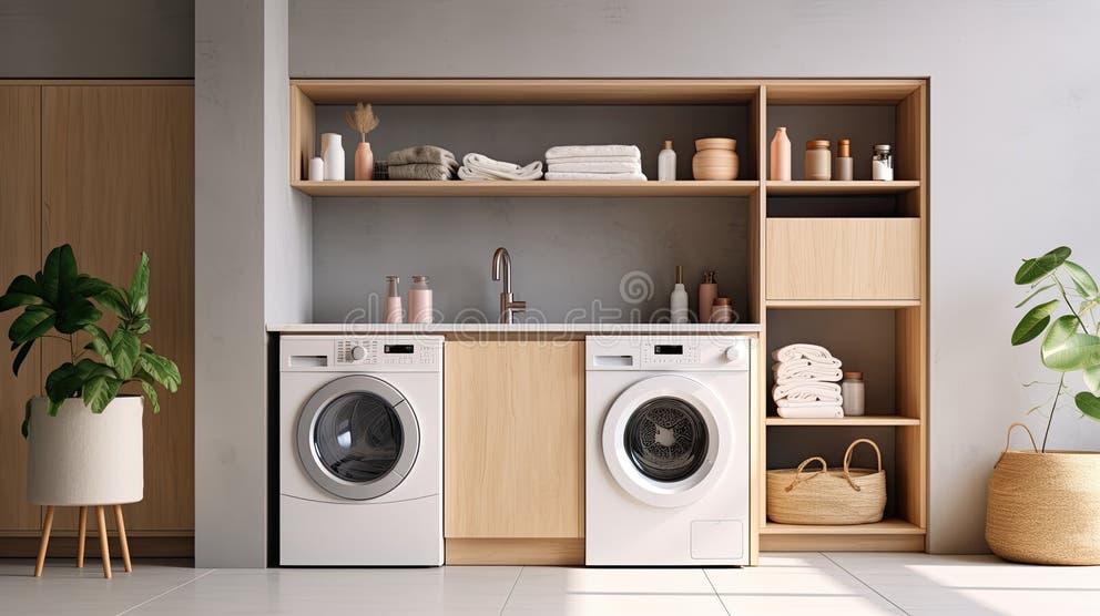 Modern Laundry Room Interior, Front-loading Washing Machine, Organized ...
